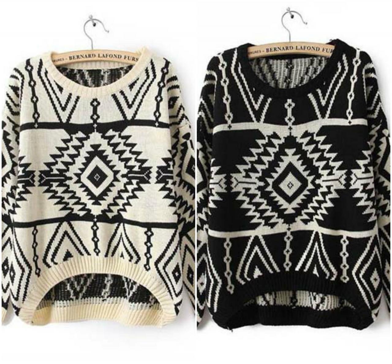 Tribal Pattern Knitted Pullover Sweater In 3 Colors on Luulla